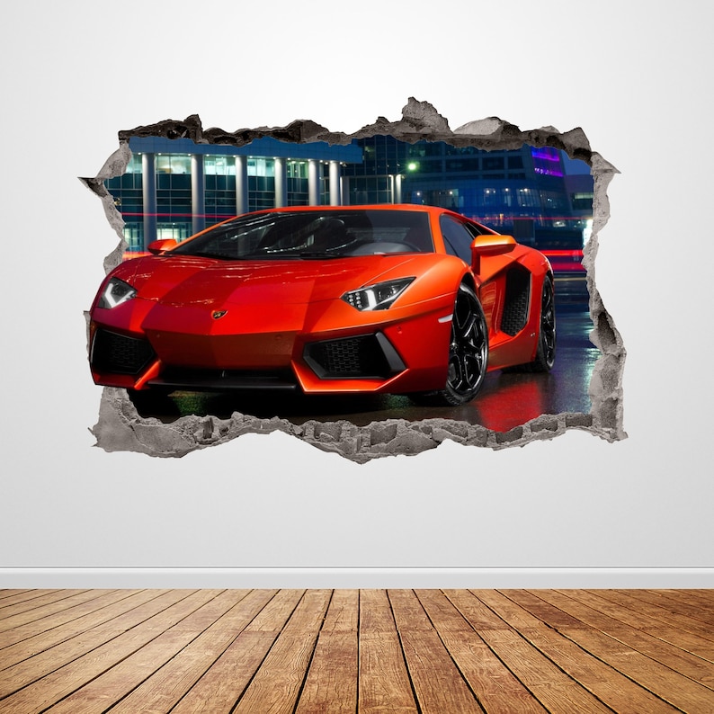 Lamborghini Wall Decal Smashed 3D Graphic Red Racing Car Wall Sticker ...