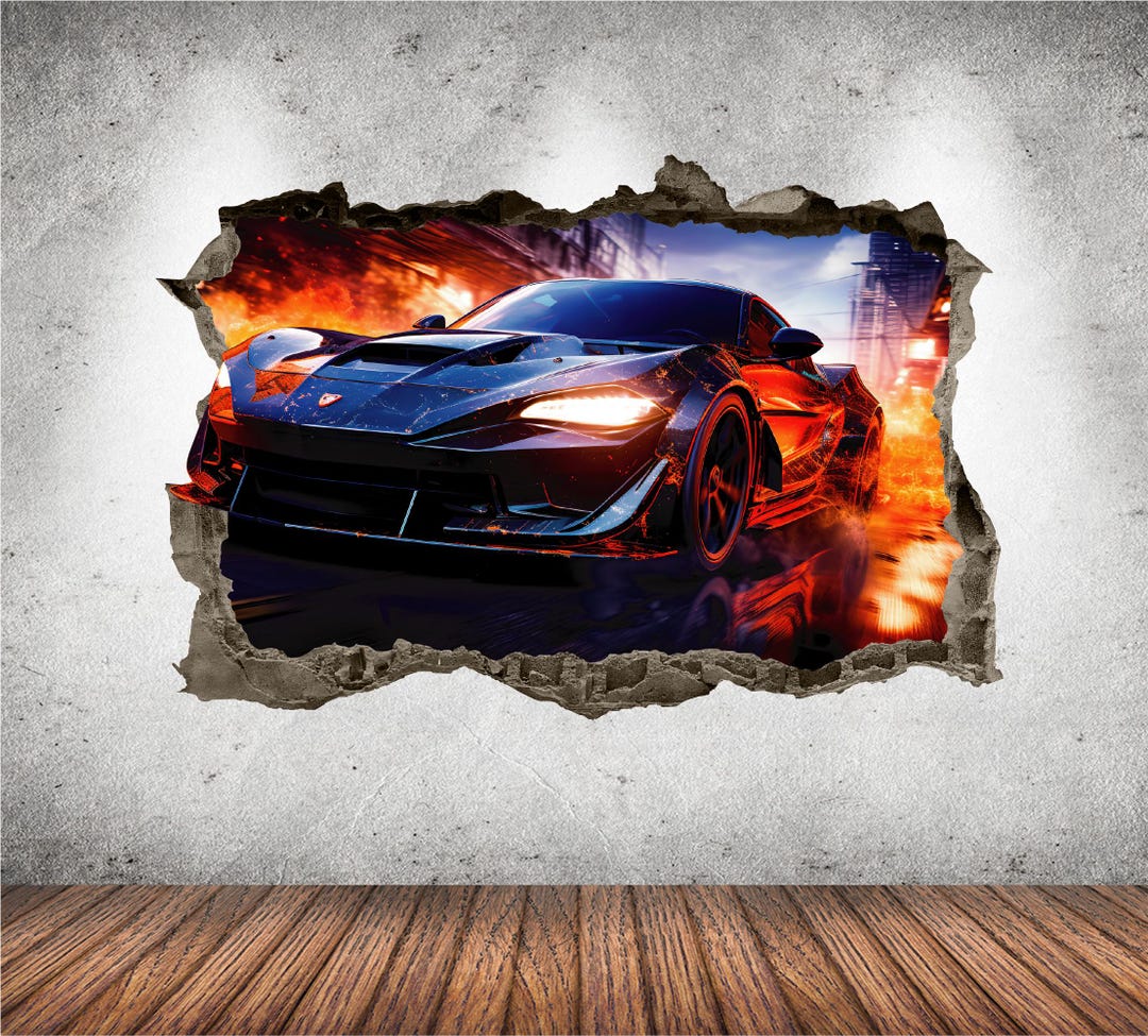 Fire Racing Car Wall Decal Smashed 3D Graphic Flames Race Cars Wall ...