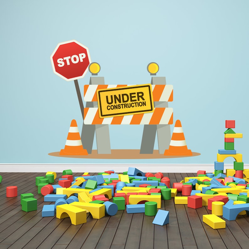 Under Construction Sign Safety Cones Road Work Construction Wall Decal Boys Room Decor Kids ...
