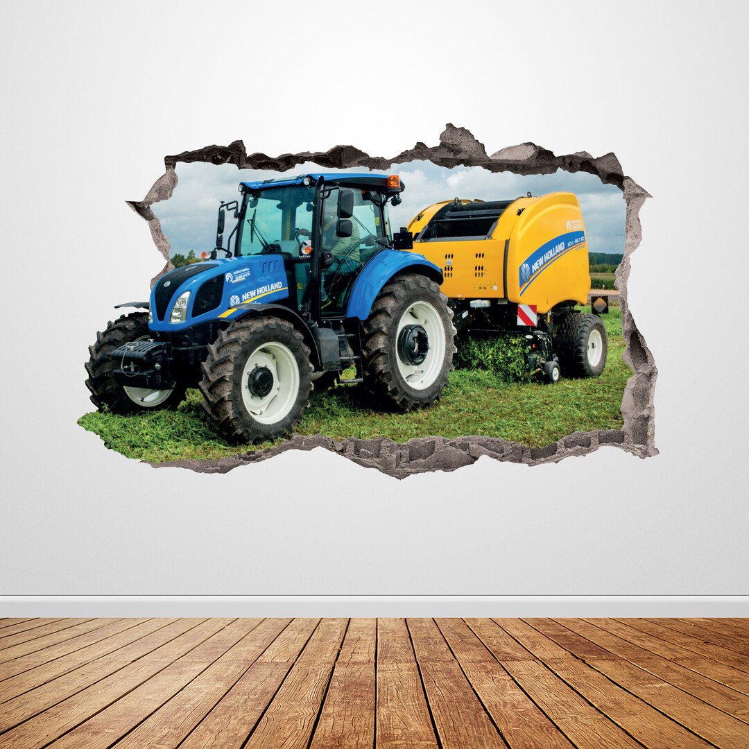 Sticker mural tracteur cassé graphique 3D bleu tracteur de ferme ...