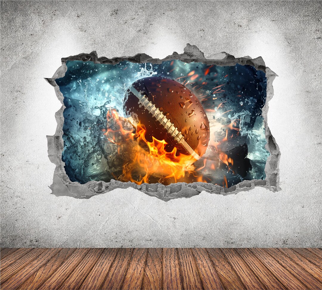 Football Wall Decal Smashed 3D Graphic Sports Fire Football Wall Art ...
