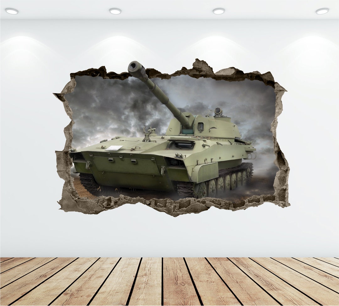 War Tank Wall Decal 3D AI Smashed Graphic Wall Art Sticker, Wall Decor ...