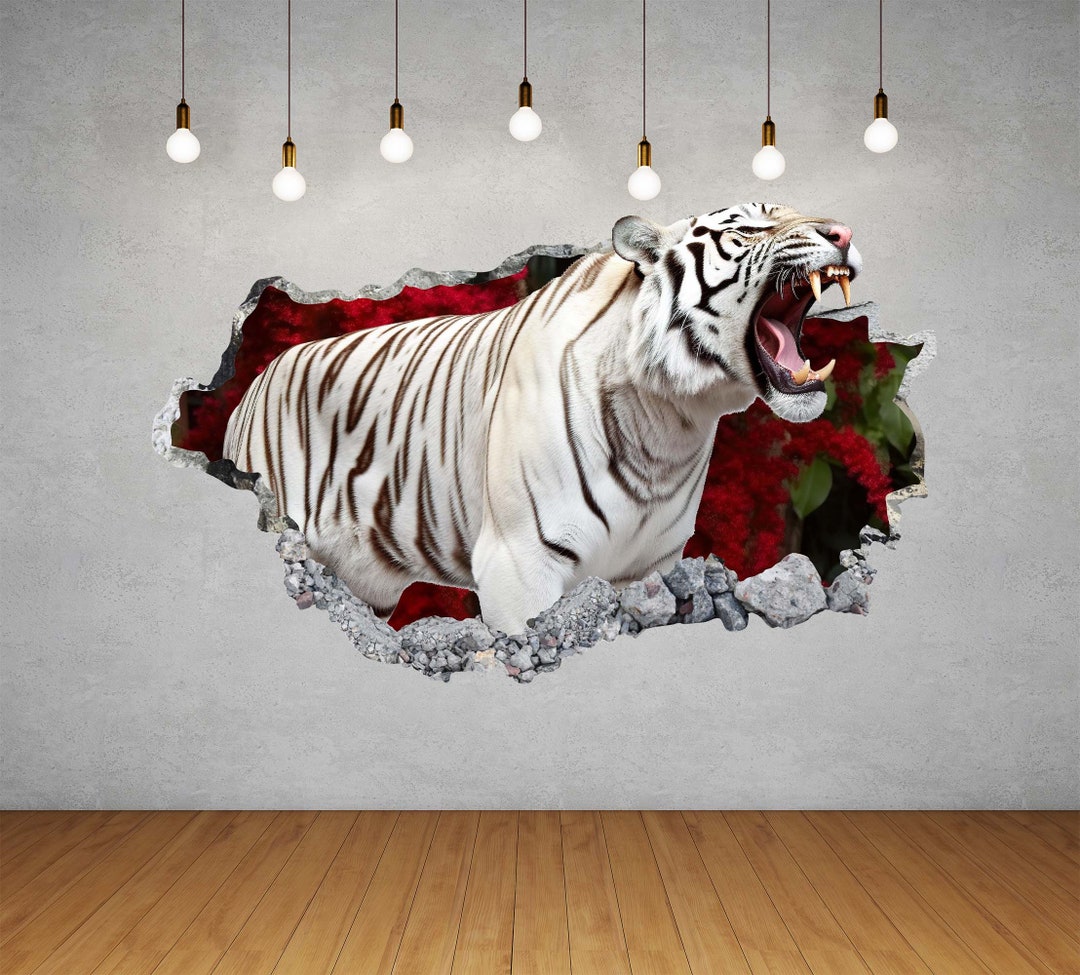 White Tiger Smashed 3D Wall Decal Art Decor Sticker Tiger Wall Sticker ...