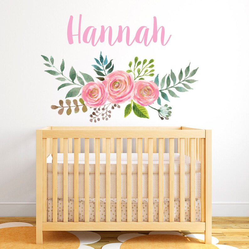 Personalized Name Wall Decal Watercolor Flower Bucket Wall Art Girls ...