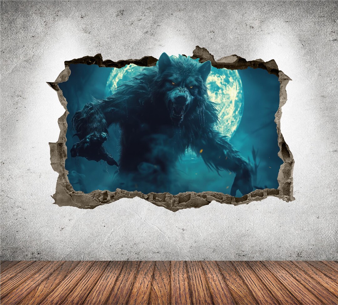Werewolf Wall Decal Smashed 3D Graphic Mythical Wolf Wall Sticker Art Mural Poster Custom Vinyl ...
