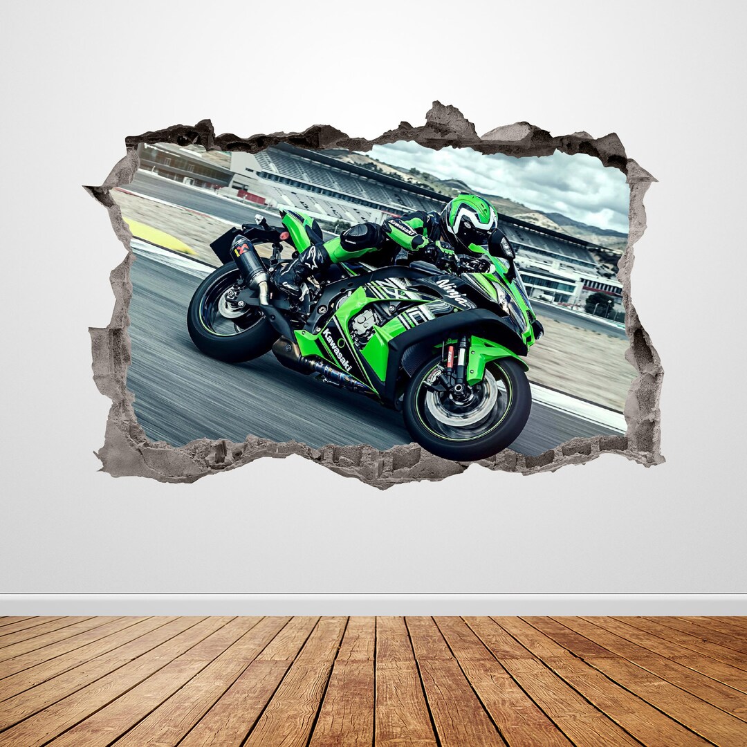 Motorcycle Wall Decal Smashed 3D Graphic Moto GP Kawasaki Ninja Wall ...