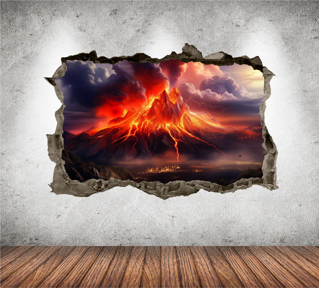 Volcano Wall Decal 3D AI Graphic Wall Art Sticker, Wall Decor, Volcano ...