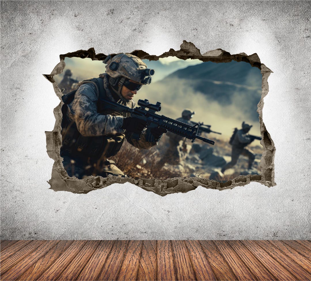 Military Wall Decal Smashed 3D Graphic Warzone Wall Art Sticker Mural Poster Custom Vinyl Home ...