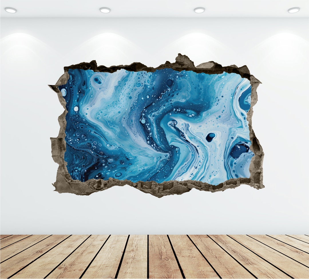 Blue Marble Wall Decal Smashed 3D Graphic Marble Effect Wall Sticker ...