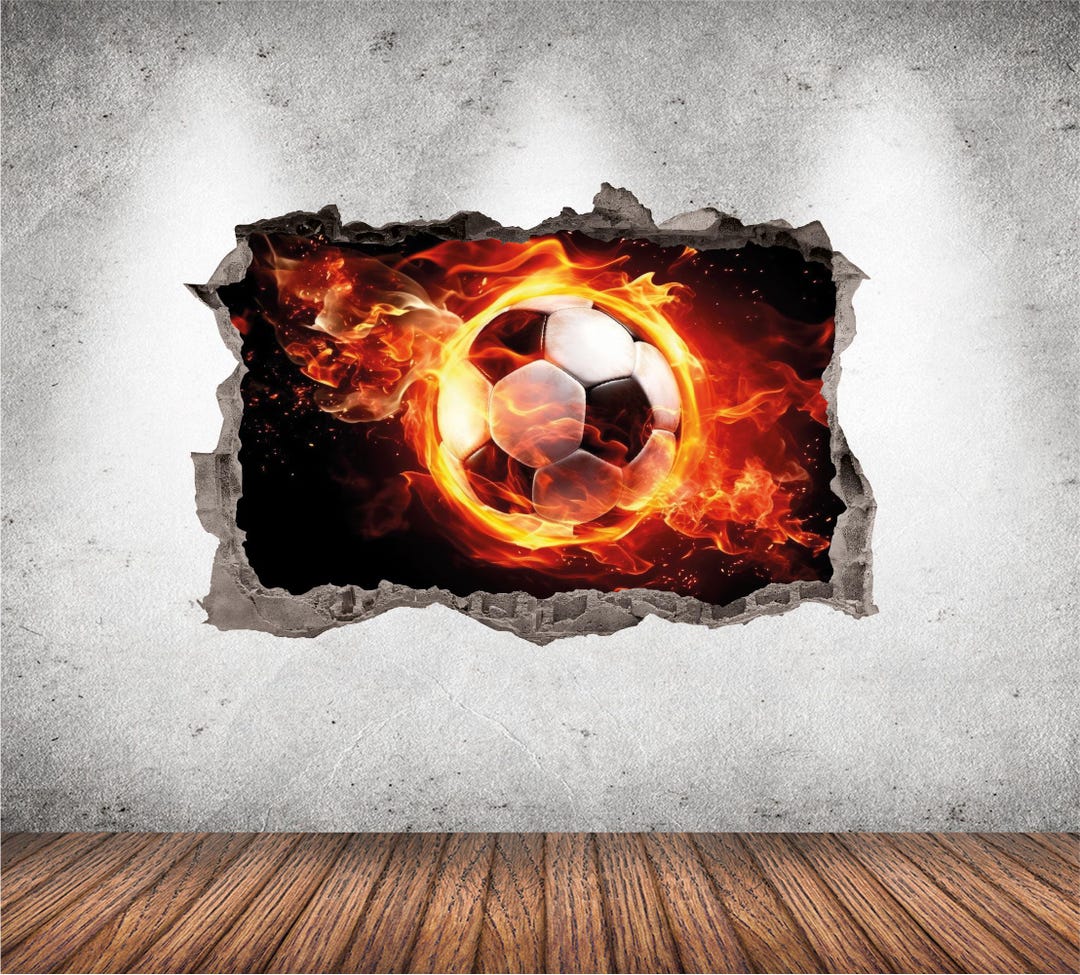 Soccer Wall Decal Smashed 3D Graphic Sport Fire Soccer Ball Wall Art ...