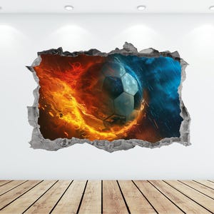 Soccer Wall Decal Smashed 3D Graphic Sports Fire Soccer Ball Wall Art ...