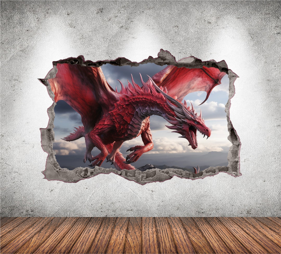 Dragon Wall Decal Smashed 3D Graphic Mystical Red Dragon Wall Sticker ...
