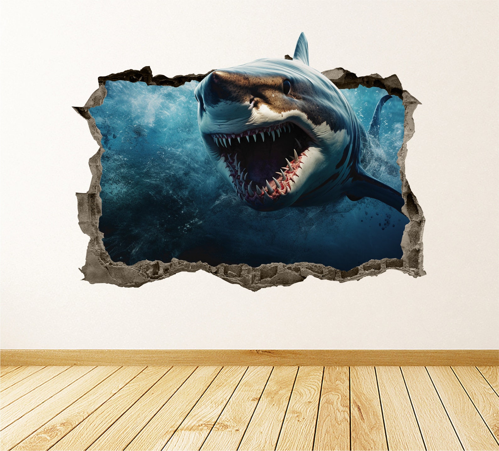Shark Wall Decal Smashed 3D Graphic Animal Wall Art Sticker Megalodon ...