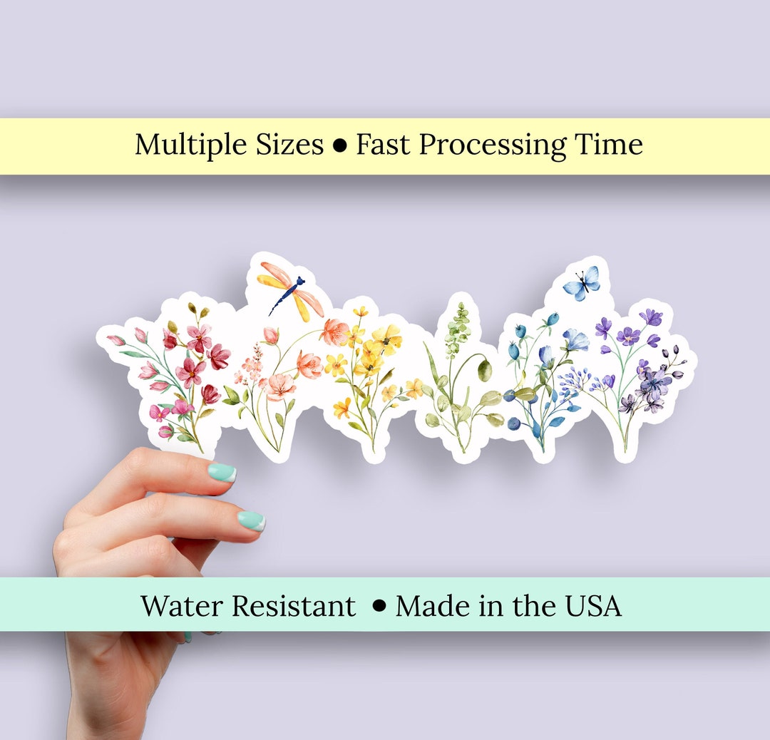 Rainbow Wildflowers Vinyl Sticker. Colorful Flowers, Dragonfly and ...