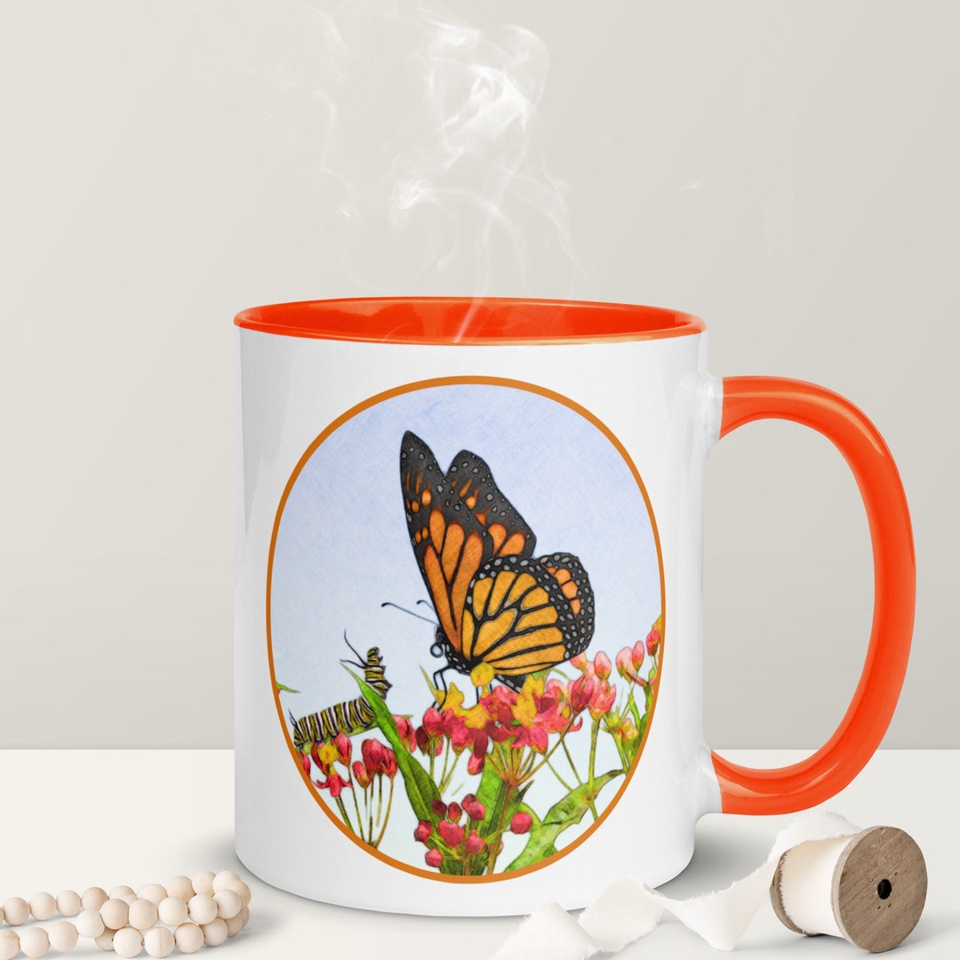 Cute Monarch Butterfly and Caterpillar on Milkweed Orange Coffee Mug ...