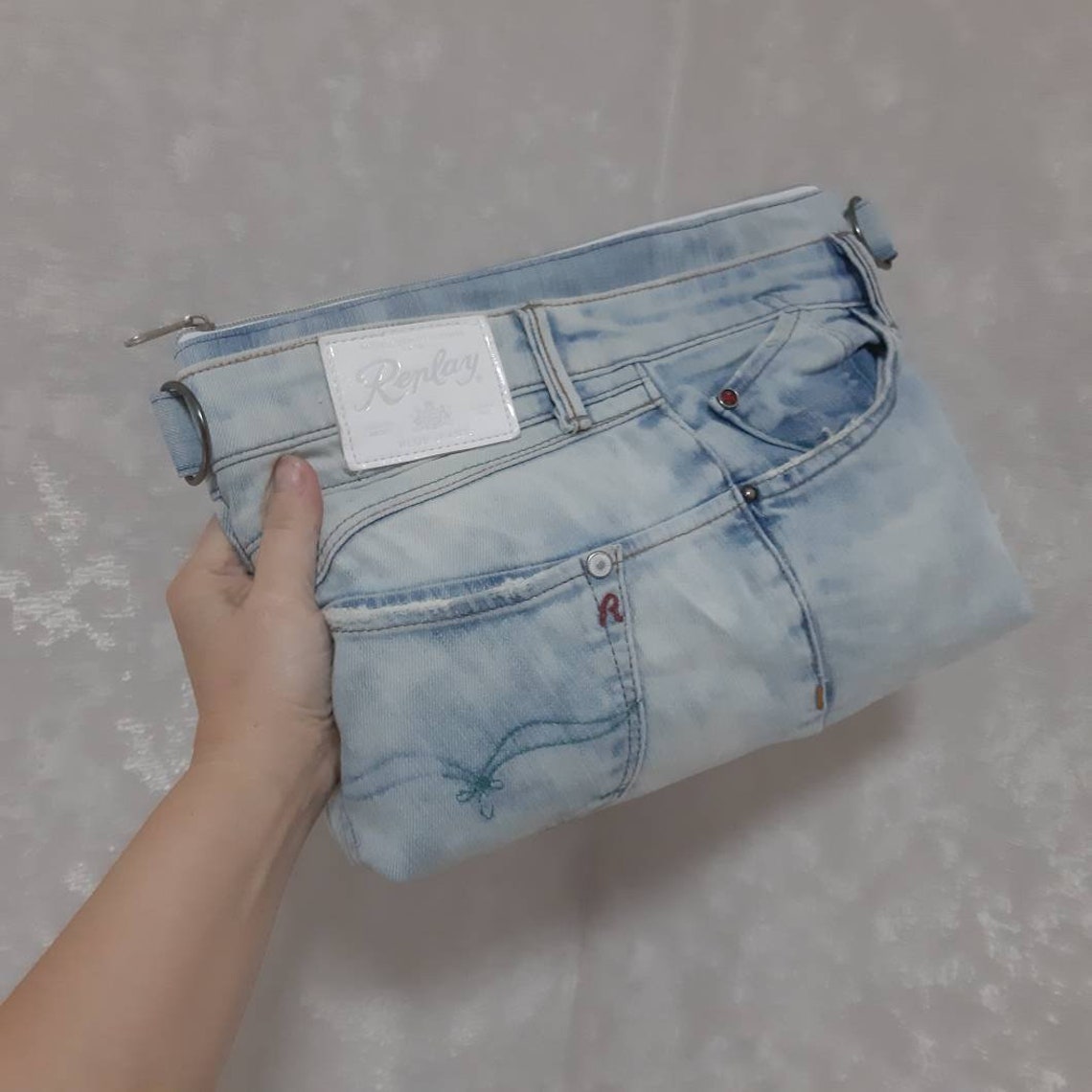 Large denim cosmetic bag for travel with optional adjustable | Etsy