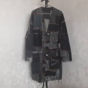 Black Patchwork Denim Coat Size XL, Boro Long Jacket From Recycled Jean Distressed Patches ...