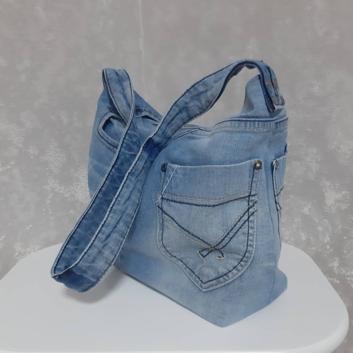 Light Blue Shabby Denim Bag Medium Size Jean Shoulder Bag | Etsy