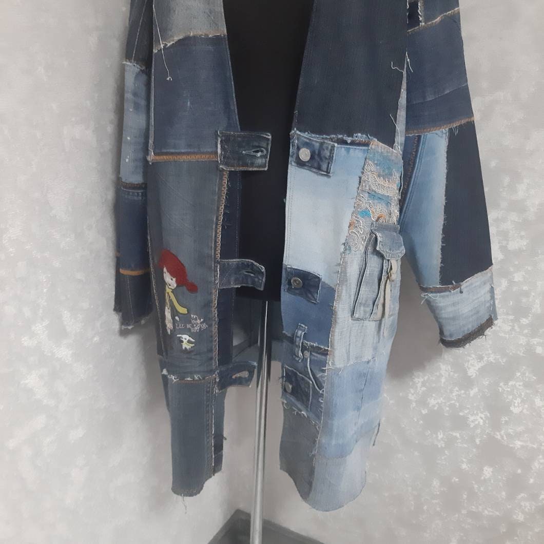 Blue Patchwork Denim Coat Size XL Boro Long Jacket From - Etsy