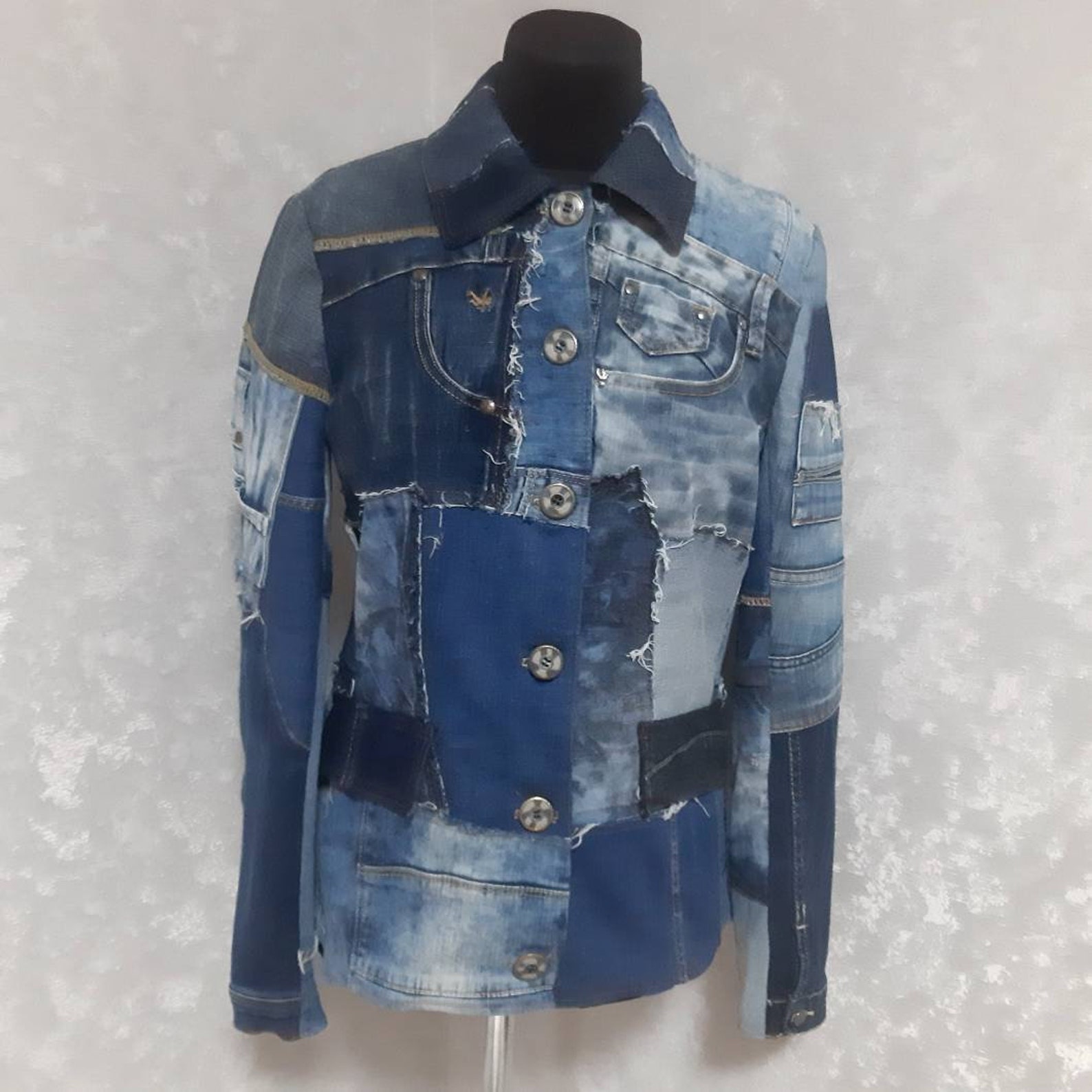 Patchwork Denim Blue Jacket Size M Boro Jacket From Recycled - Etsy