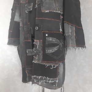 Black Patchwork Denim Coat Size XL, Boro Long Jacket From Recycled Jean Distressed Patches ...