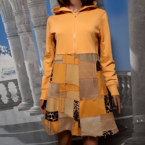 Mini Jean Patchwork Dress, Yellow Denim Hoodie Dress, Bright Soft Dress ...