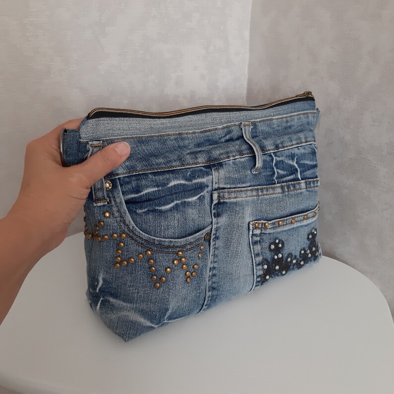 Large denim cosmetic bag for travel with optional adjustable | Etsy