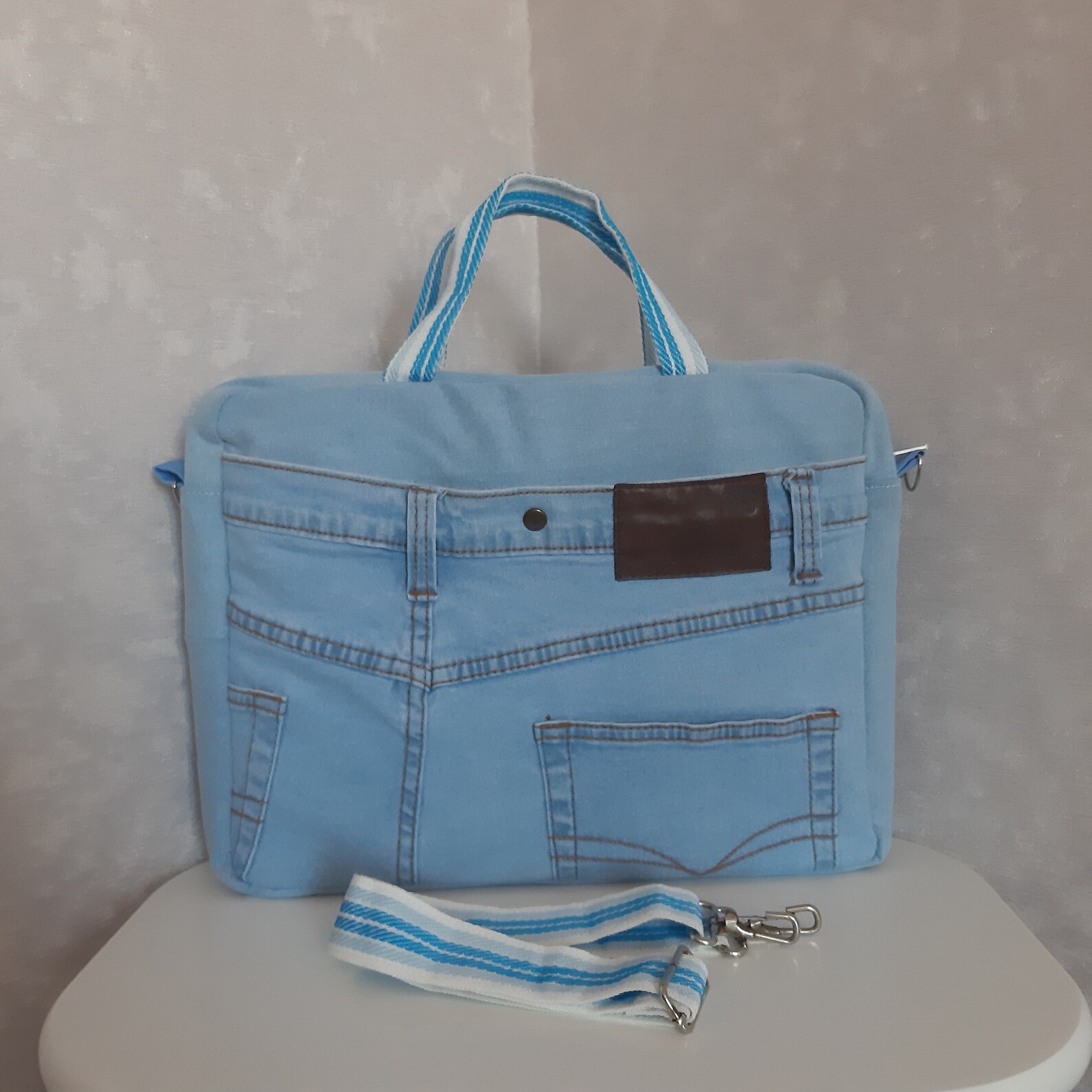 Denim laptop bag Casual jean bag for college Light blue | Etsy