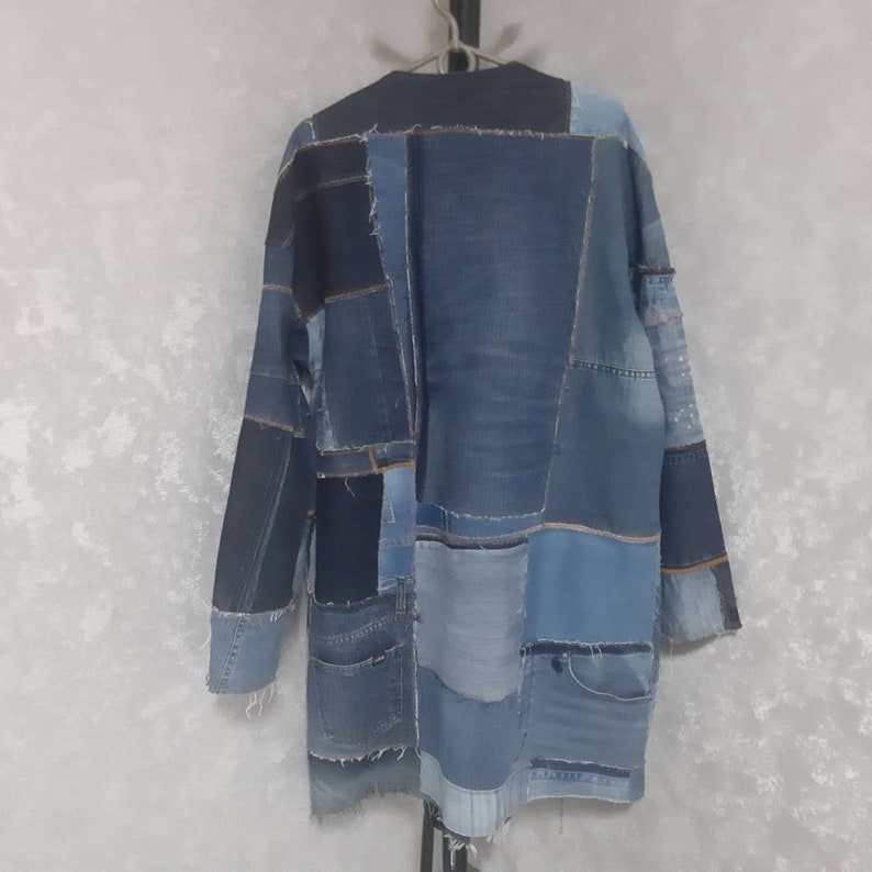 Blue Patchwork Denim Coat Size XL Boro Long Jacket From - Etsy