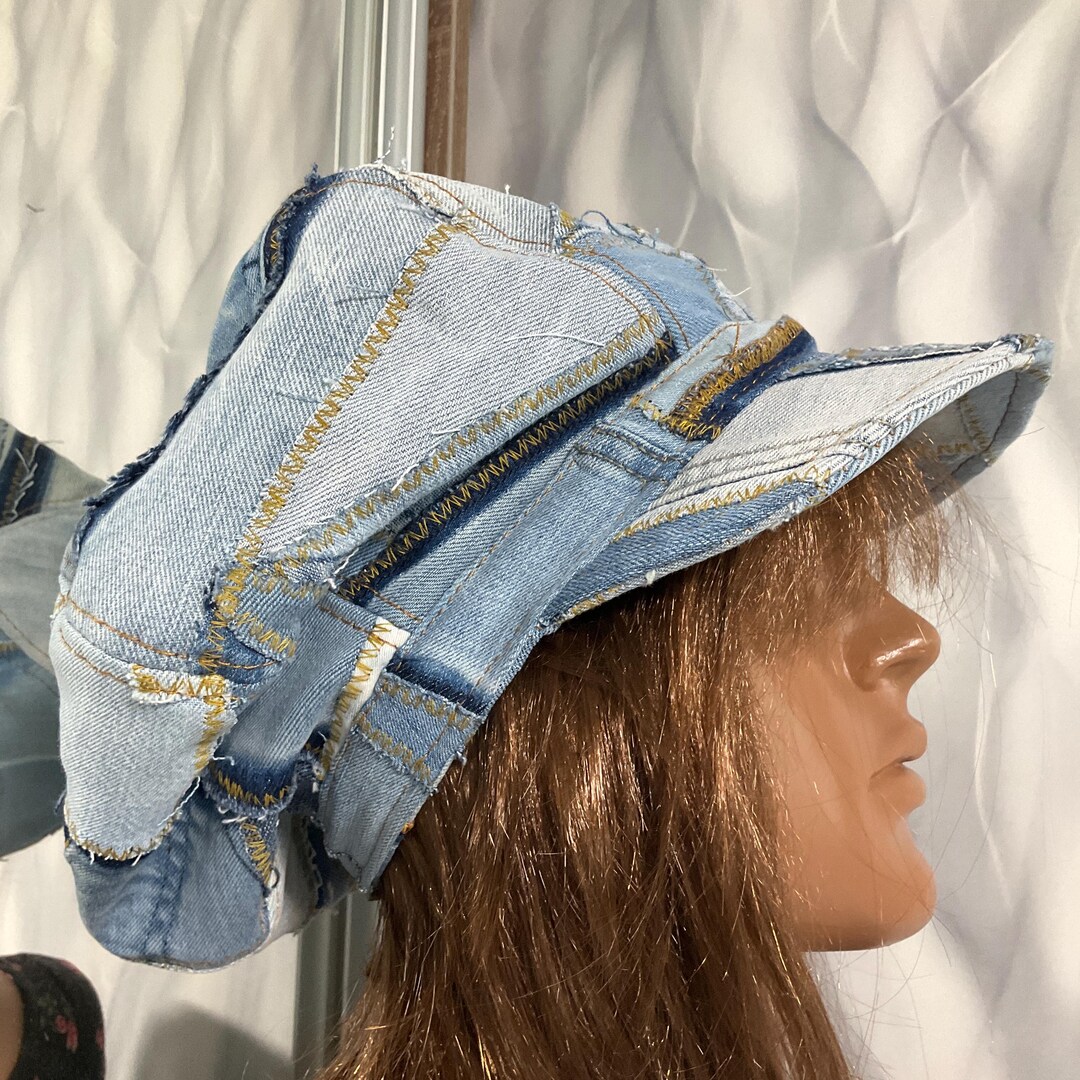 Handmade Denim Patchwork Newsboy Cap 23", Boho Blue Jean Hat in Street ...