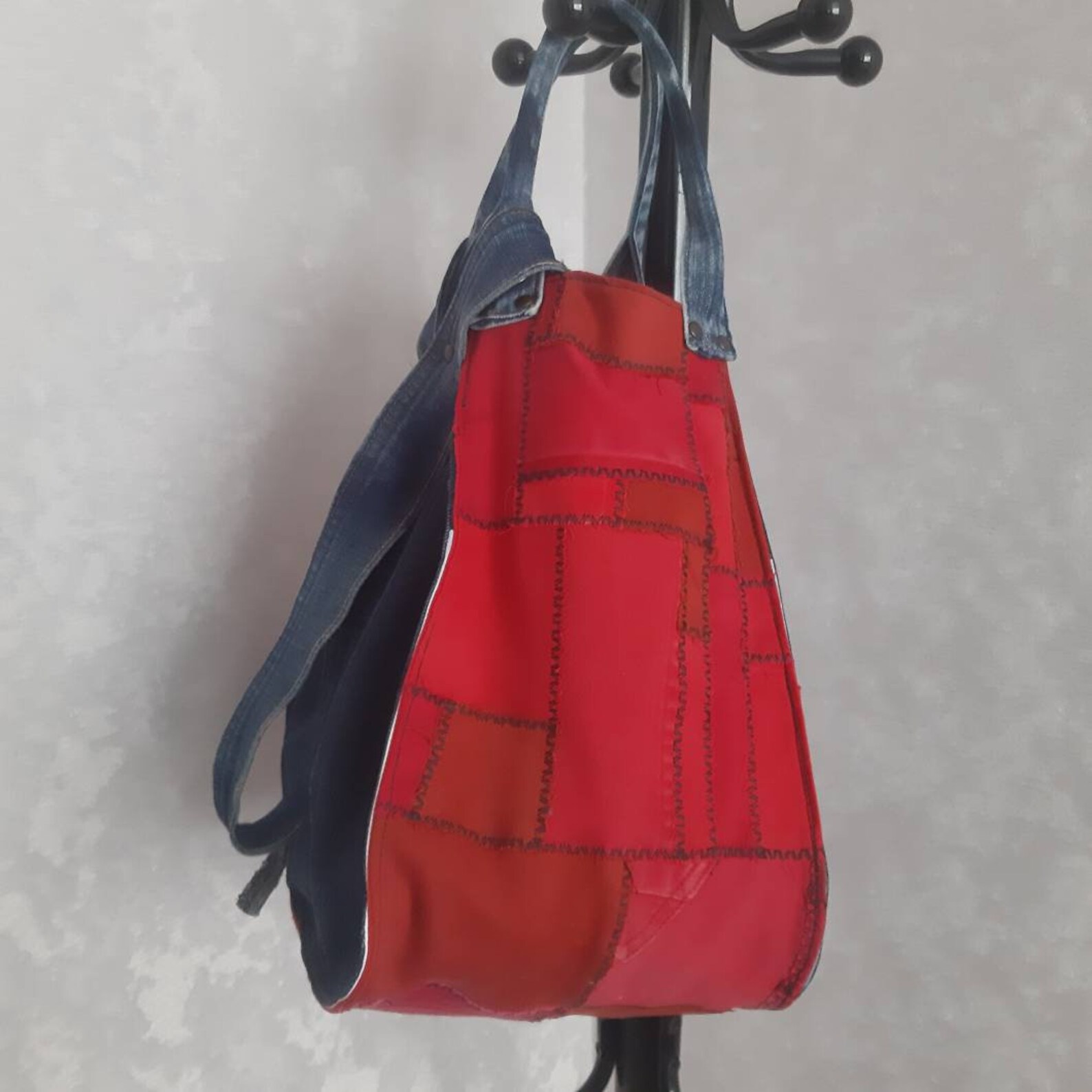 Red Blue Patchwork Denim Bag Casual Large Bag of Shabby - Etsy
