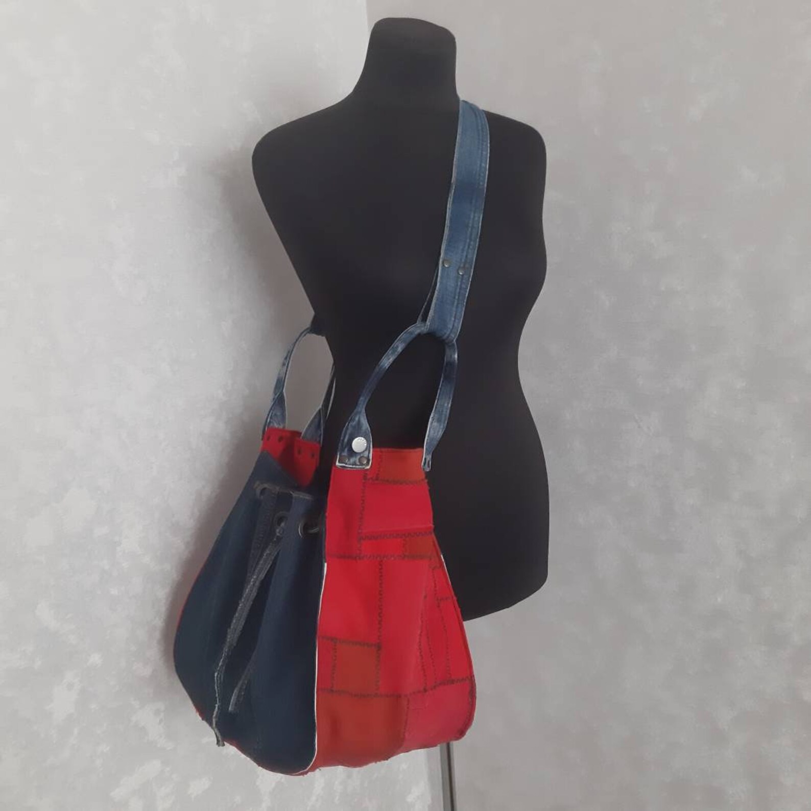 Red Blue Patchwork Denim Bag Casual Large Bag of Shabby - Etsy