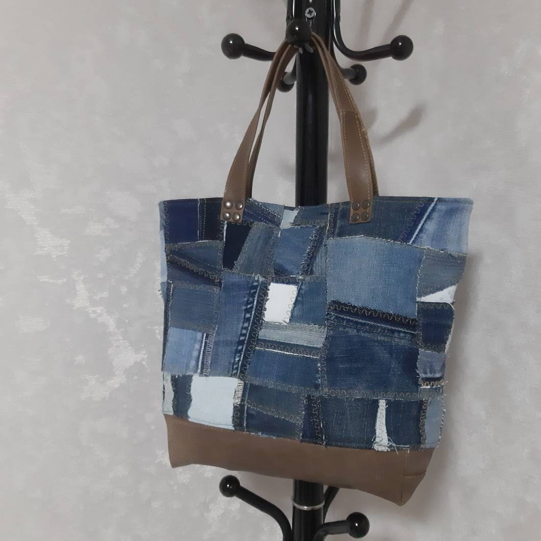 Denim Leather Patchwork Top Handles Bag Casual Jeans Bag - Etsy
