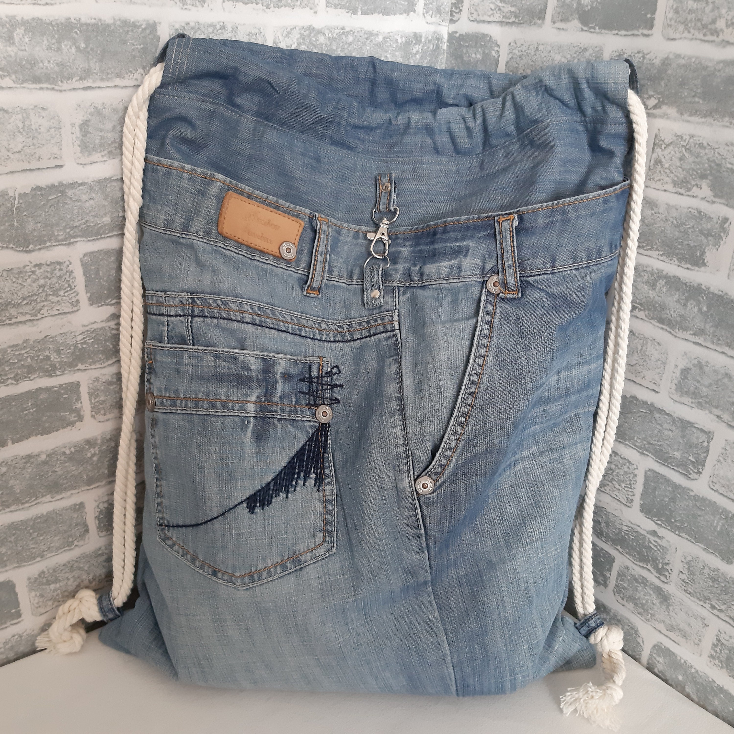 Drawstring Denim Backpack Casual Jean Urban Rucksack - Etsy