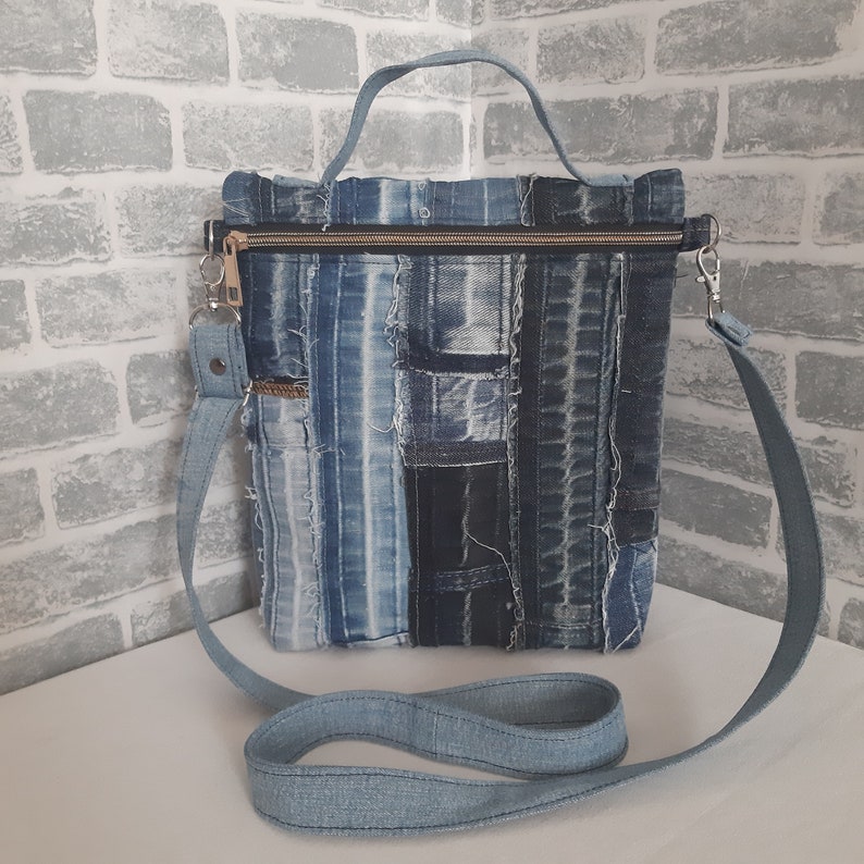 Boro denim handbag Casual patchwork jean bag medium size | Etsy