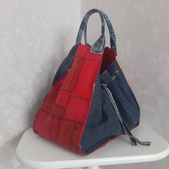 Red Blue Patchwork Denim Bag Casual Large Bag of Shabby - Etsy