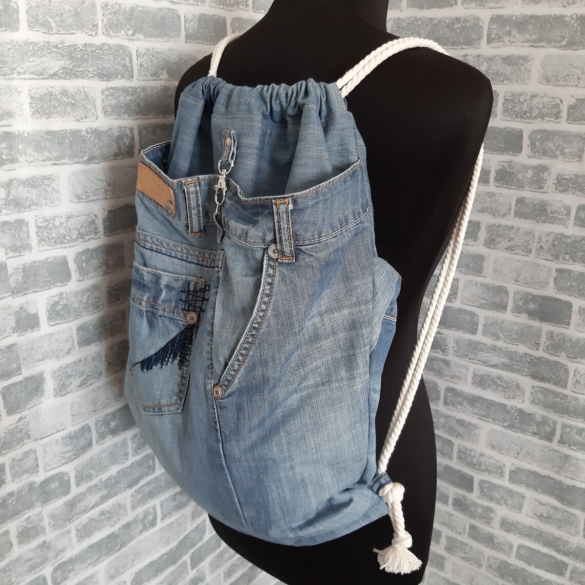 Drawstring Denim Backpack Casual Jean Urban Rucksack - Etsy