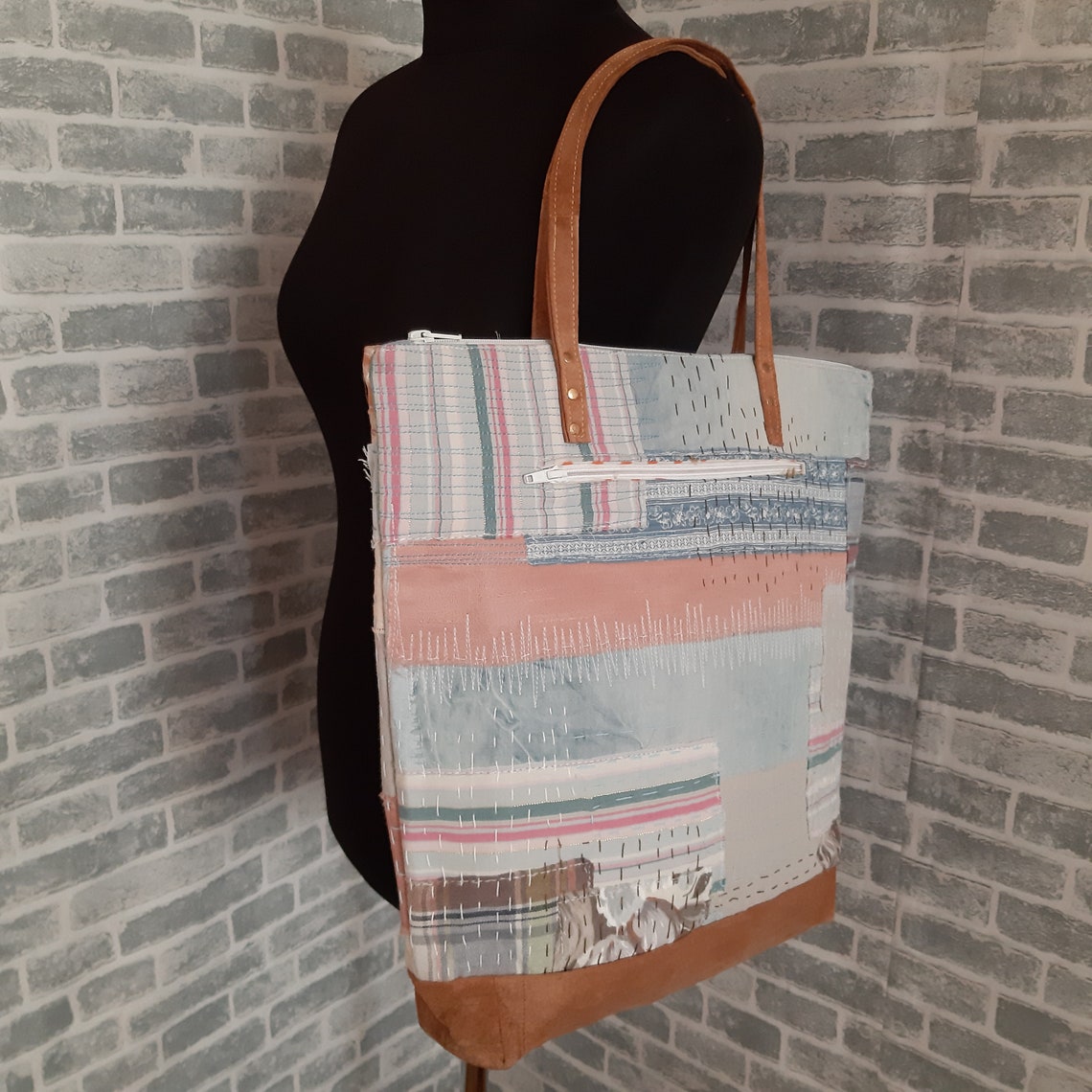 Patchwork hobo bag with Sashiko embroidery and decorative | Etsy