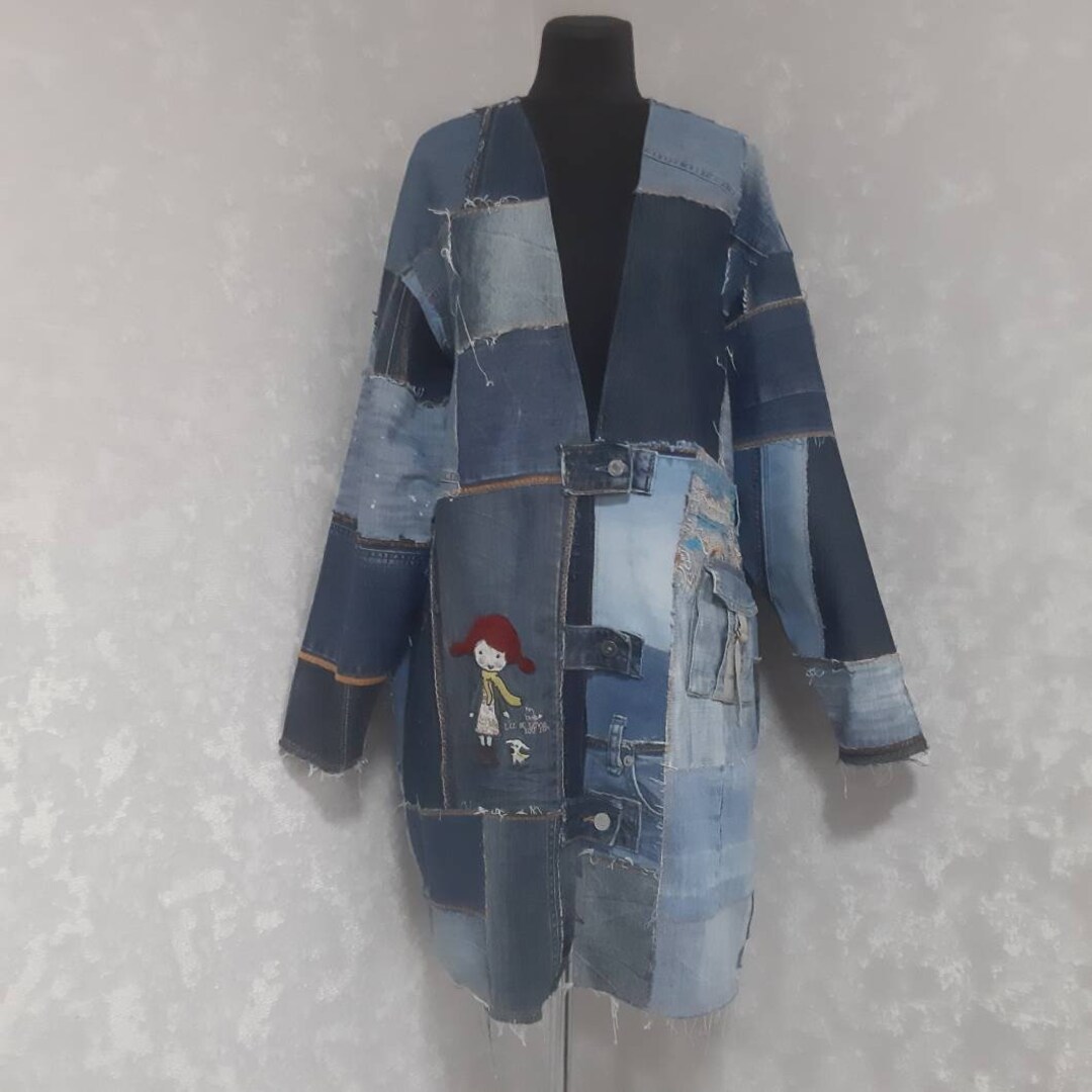 Blue Patchwork Denim Coat Size XL, Boro Long Jacket From Recycled Jean Distressed Patches - Etsy