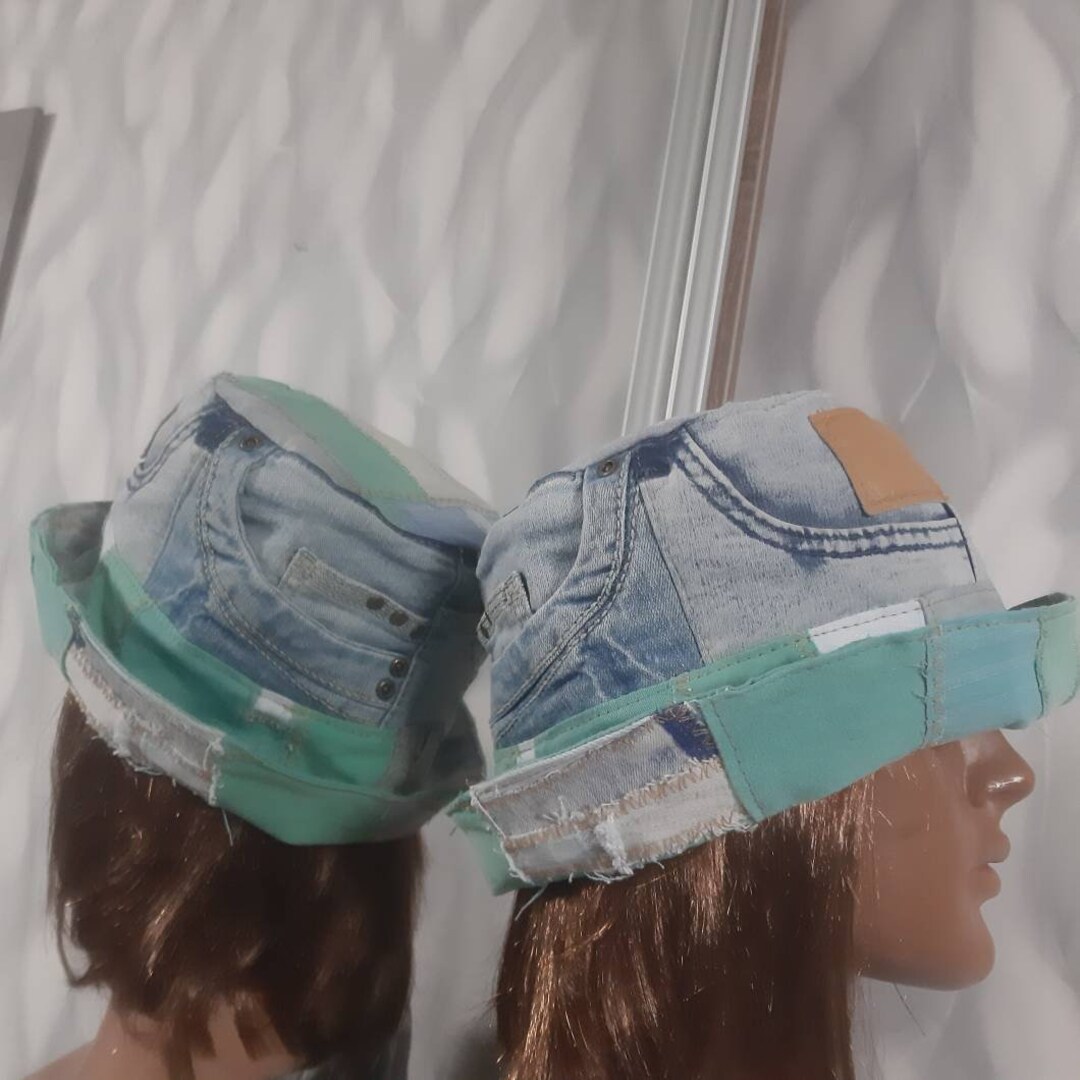 Handmade Fanny Denim Patchwork Hat 23, Boho Turquoise Jean Hat in ...