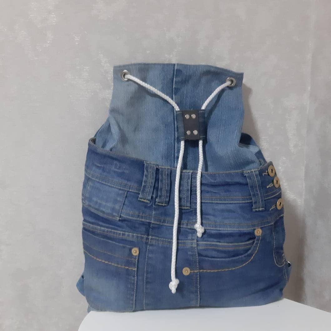 Denim drawstring backpack for college Jean urban backpack for | Etsy