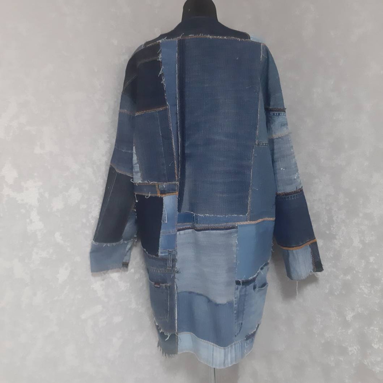 Blue Patchwork Denim Coat Size XL Boro Long Jacket From - Etsy