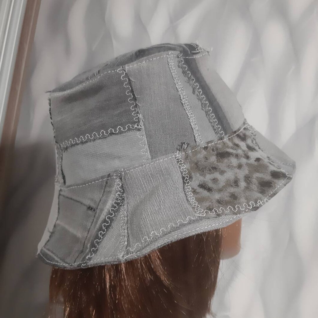 Handmade Denim Patchwork Bucket Hat 23, Boho Gray Jean Hat in Street Fashion Style, Boro Crazy ...