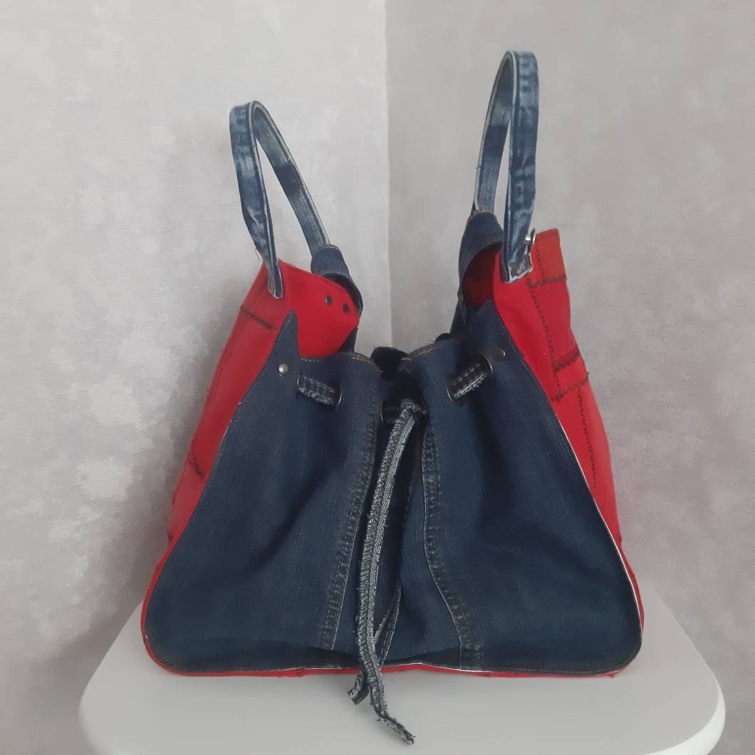 Red Blue Patchwork Denim Bag Casual Large Bag of Shabby - Etsy