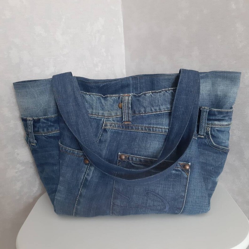 Large denim bag Casual tote bag of shabby jeans Jean market | Etsy