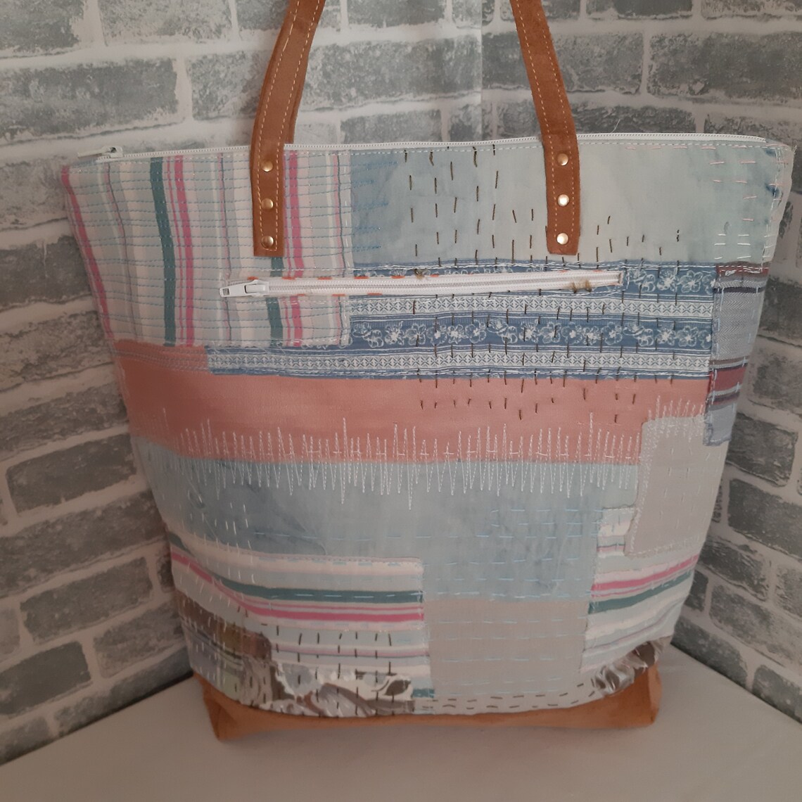Patchwork hobo bag with Sashiko embroidery and decorative | Etsy