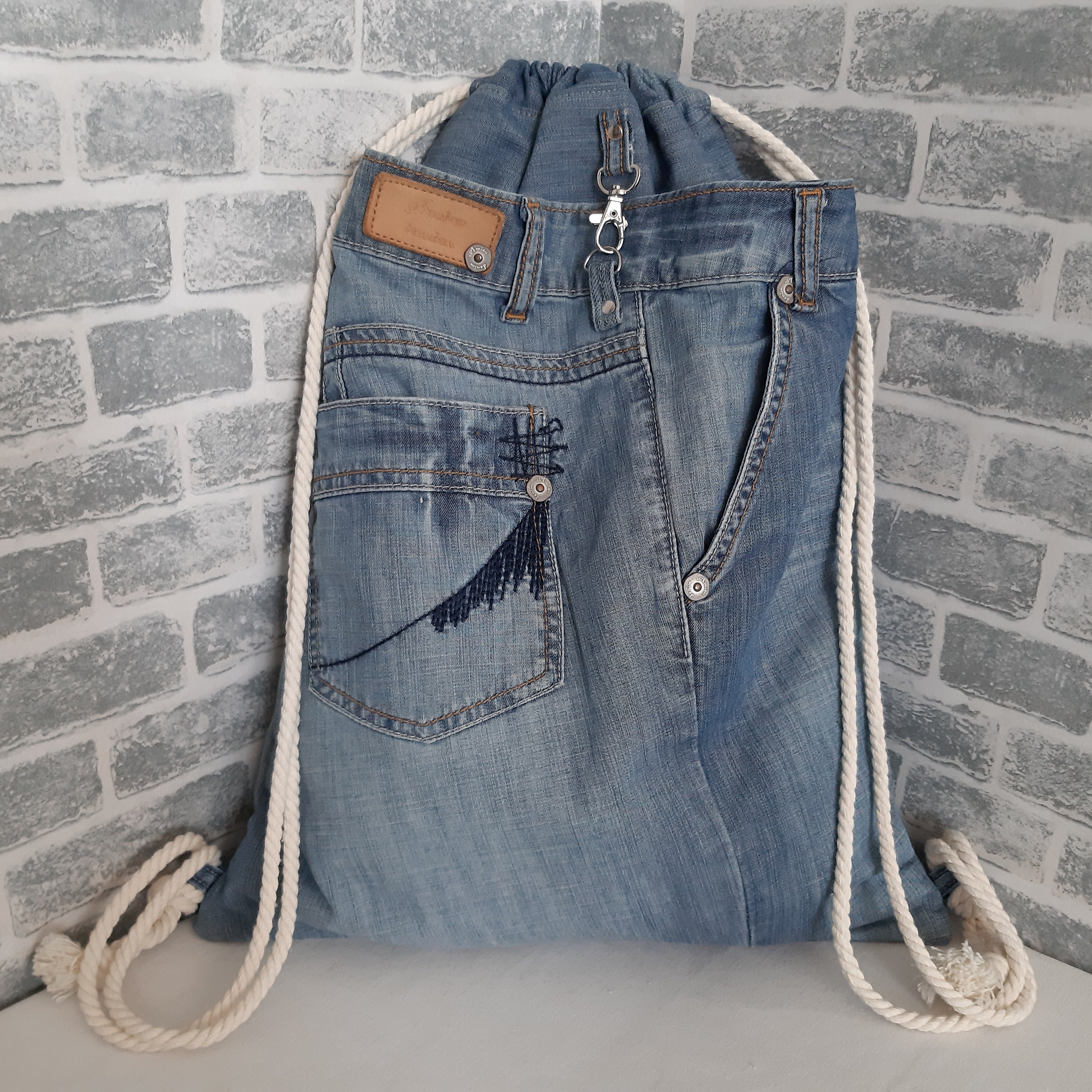 Drawstring Denim Backpack Casual Jean Urban Rucksack - Etsy
