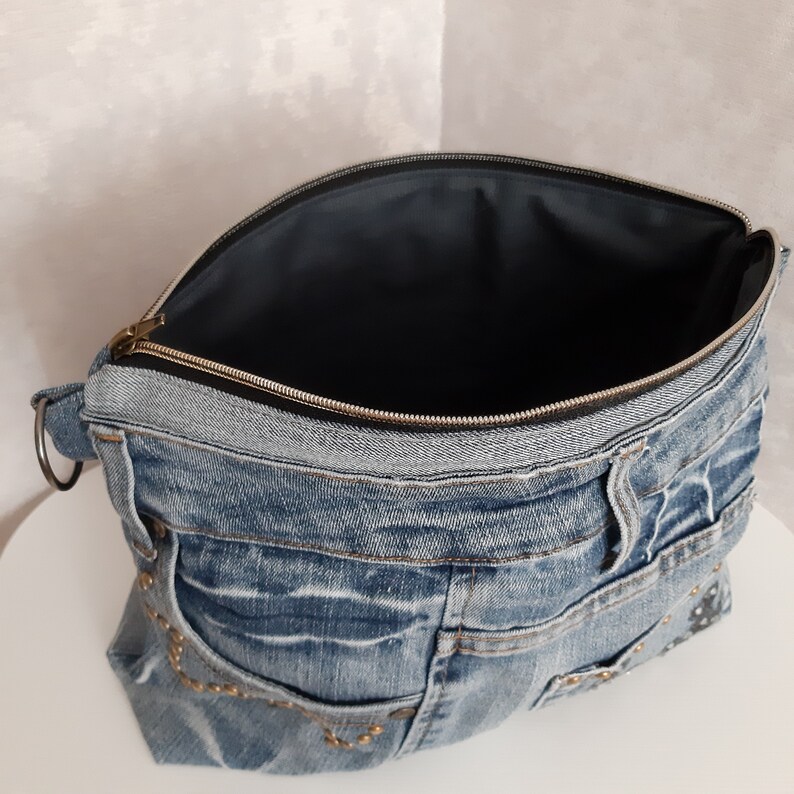Large denim cosmetic bag for travel with optional adjustable | Etsy
