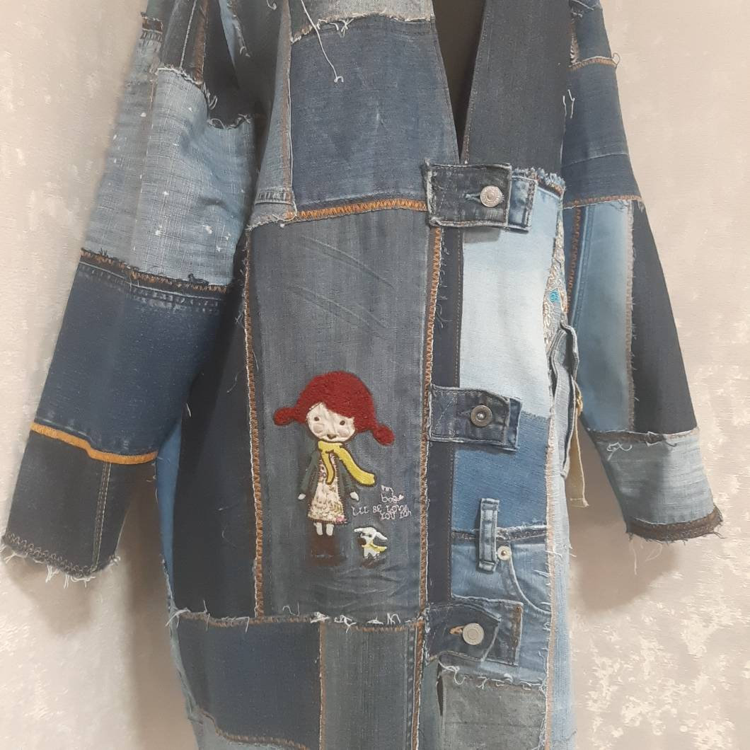 Blue Patchwork Denim Coat Size XL Boro Long Jacket From - Etsy