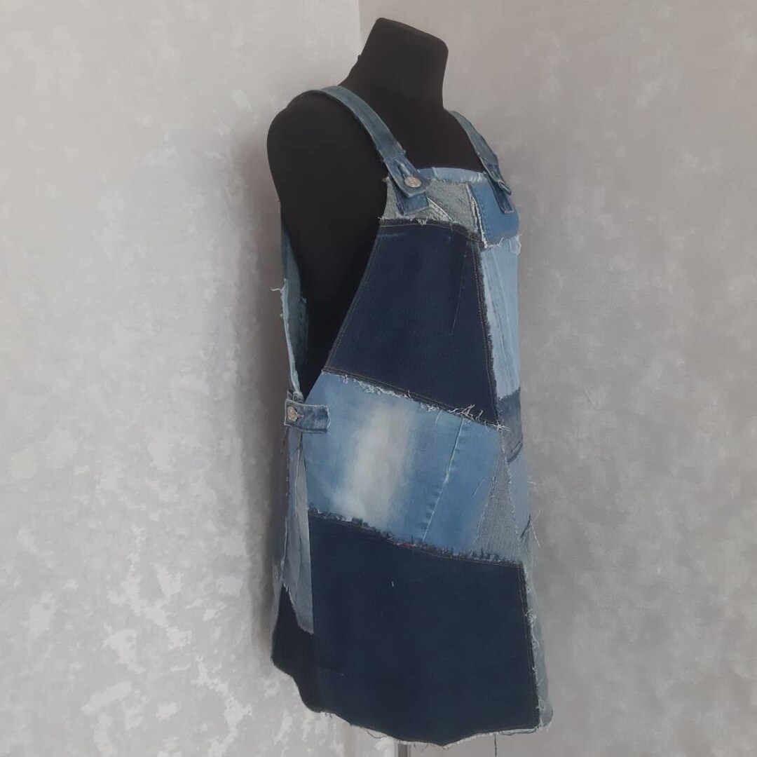L Denim Patchwork Overall Dress, Casual Mini Sarafan of Shabby Jeans ...
